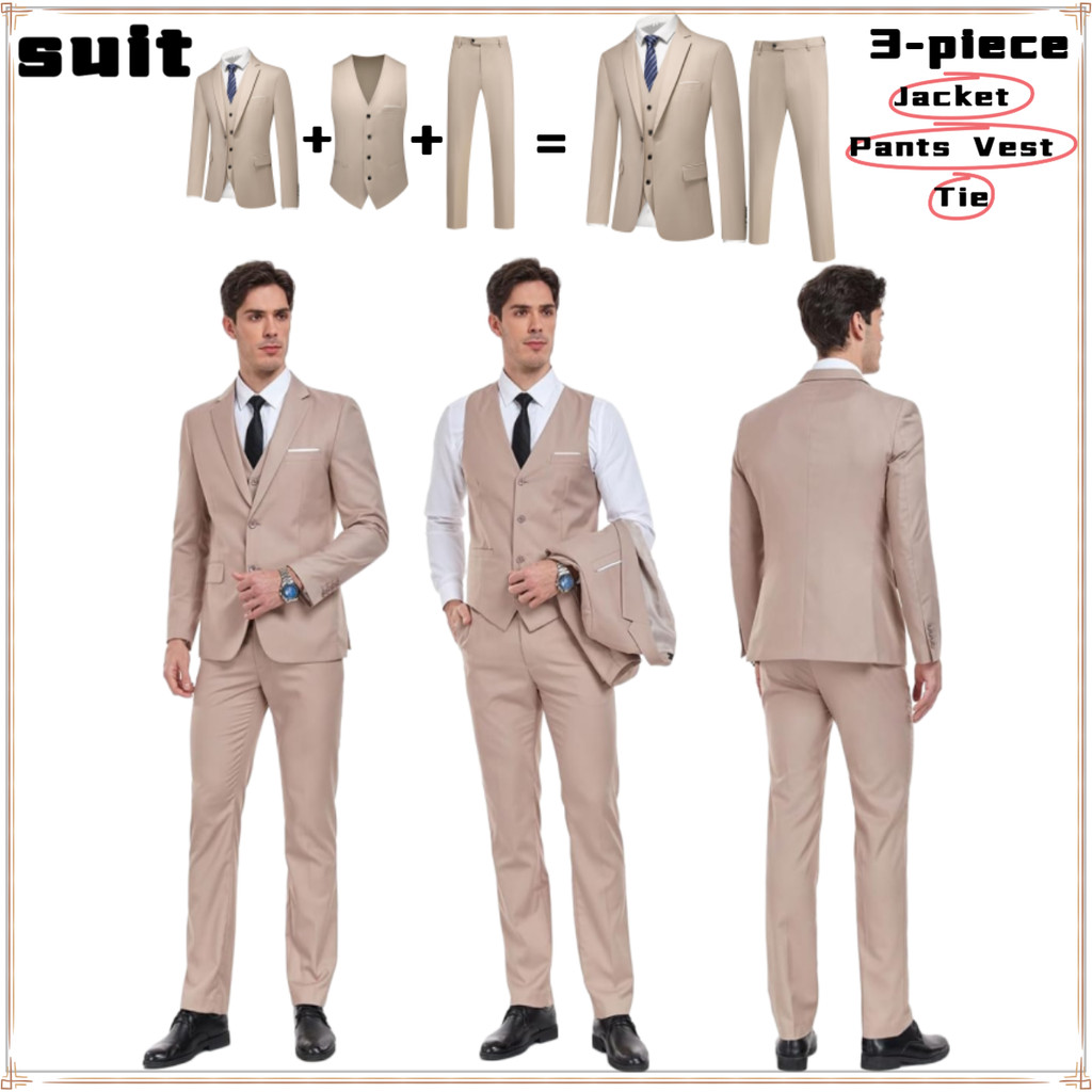 Local Delivery! Beige 3-Piece Suit Set - Stylish for Weddings, Slim Fit ...