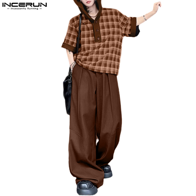 INCERUN Men Korean Street Trendy Half-Button Plaid Hooded High Waist ...