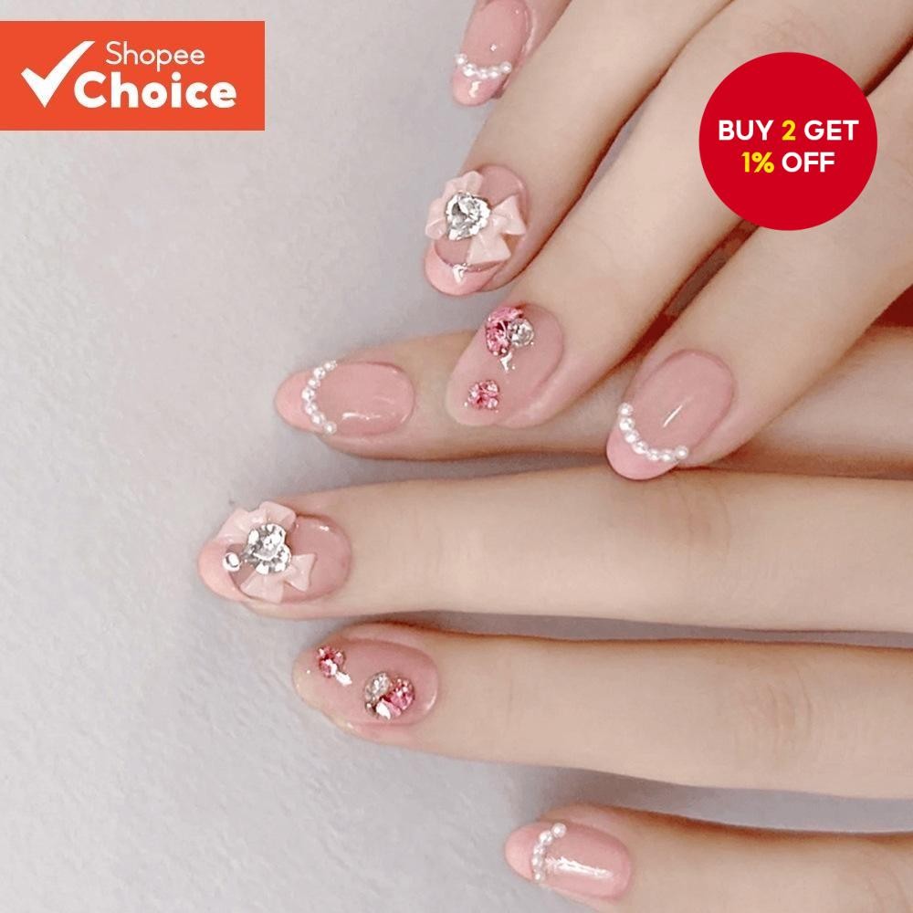 24 Pieces Pink Cute Bow Pearl Rhinestone Pink Edge French Detachable ...