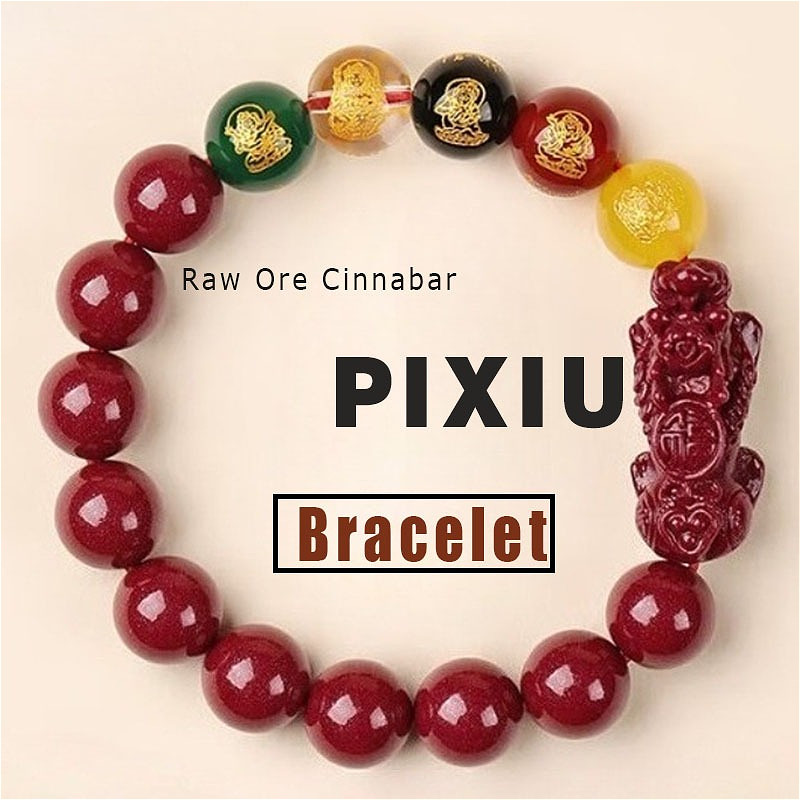 Lucky Pixiu Bracelet Raw Ore Cinnabar Bracelet Round Bead Amulet ...