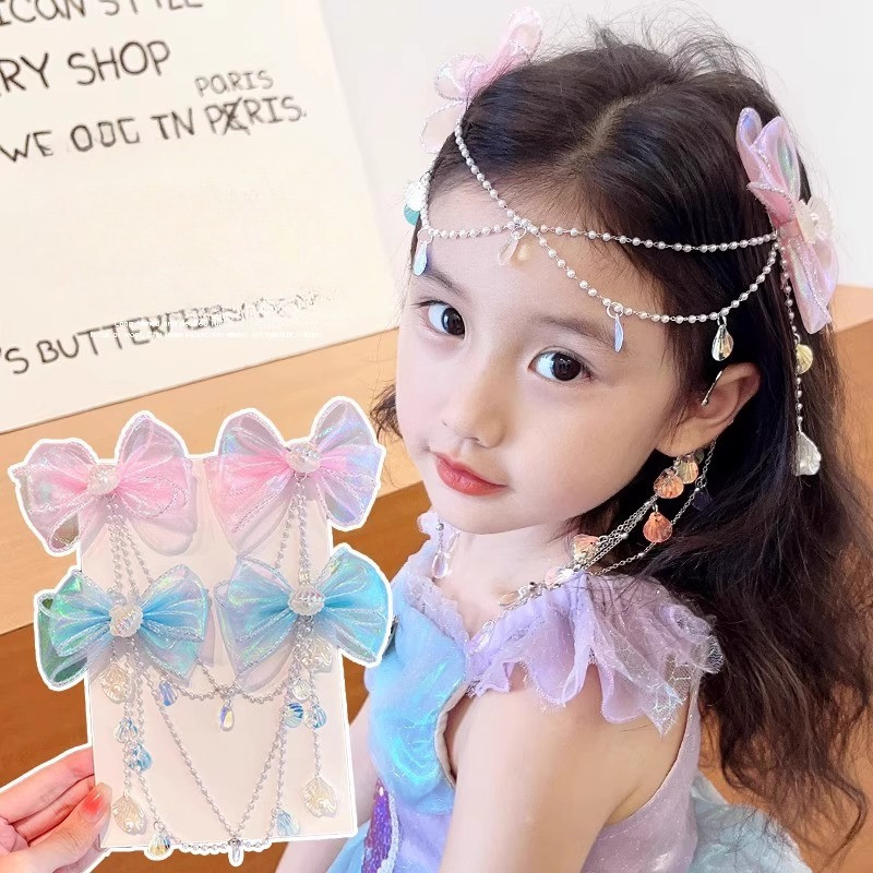 Children Mermaid Shell Hair Clip Super Fairy Bow Girls Flow Forehead ...