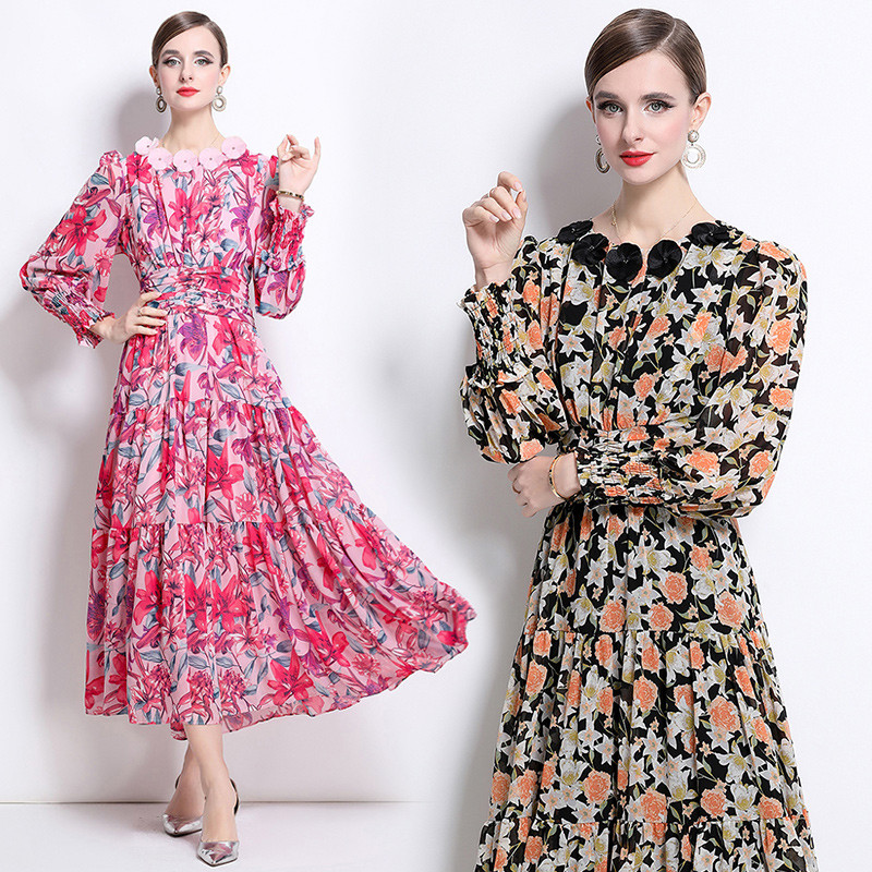 Fashion High-end Floral Dress Long Sleeve Large Swing Mid-length Dress ...