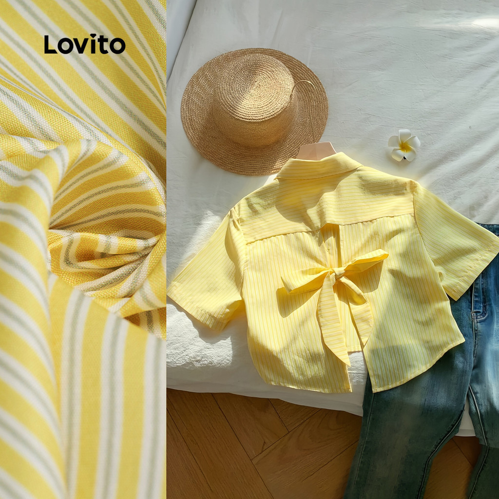 Lovito Loose Striped Cropped Shirt Bow Tie Back Split Back Spring ...