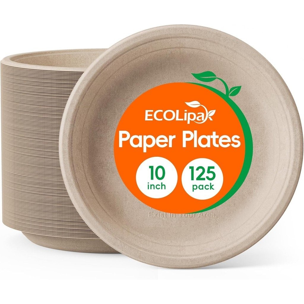 ECOLipak 125 Pack Paper Plates 10 inch 100% Compostable, Heavy-Duty ...