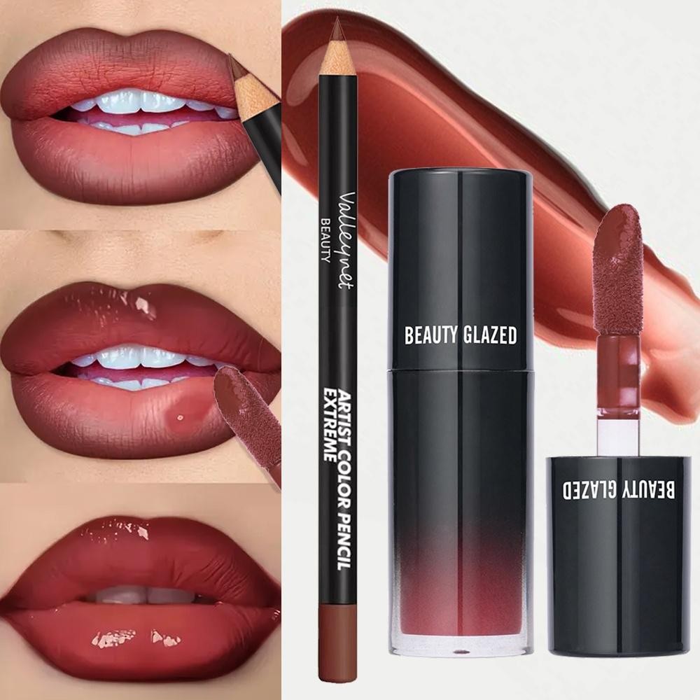 2pcs/Set Velvet Texture Lip Makeup Set, Lip Liner + Lip Glaze Matte ...