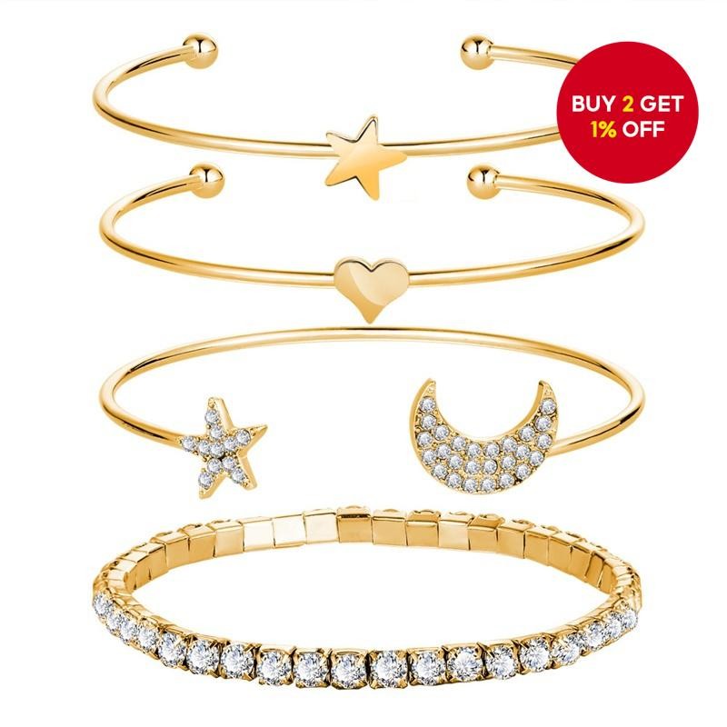 New 4-piece Fashionable Crystal Star Moon Heart Bracelet Set | Shopee ...