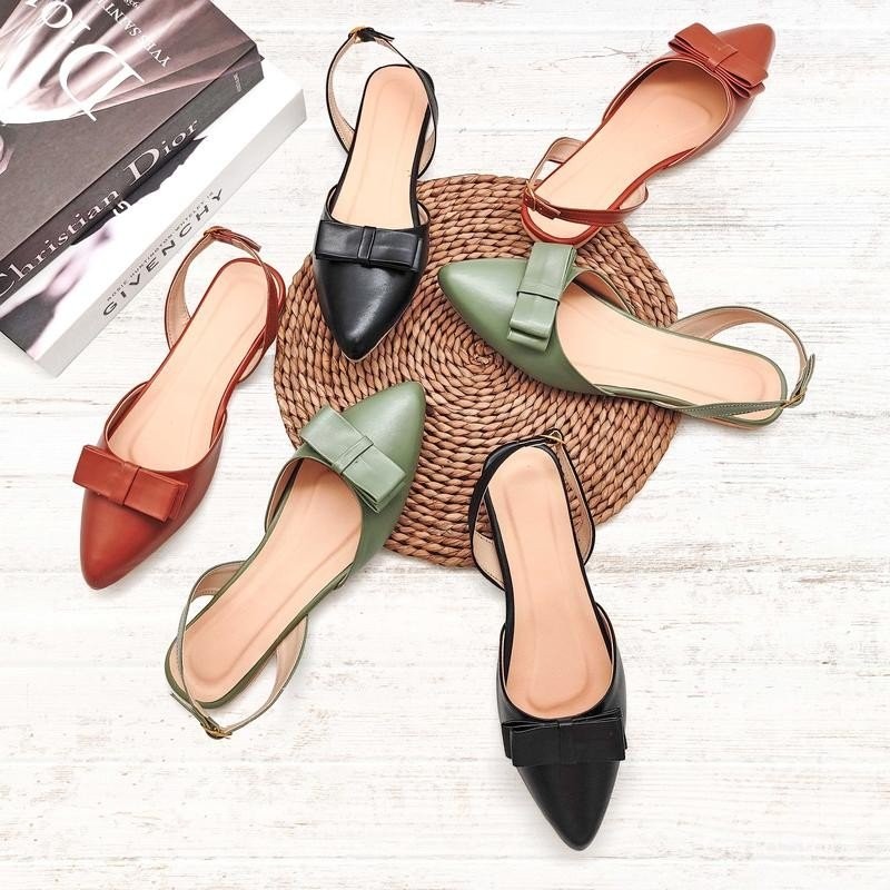 SL465 Pointed Toe Flats withVamp Leather Ribbon & Buckled Back Sling ...