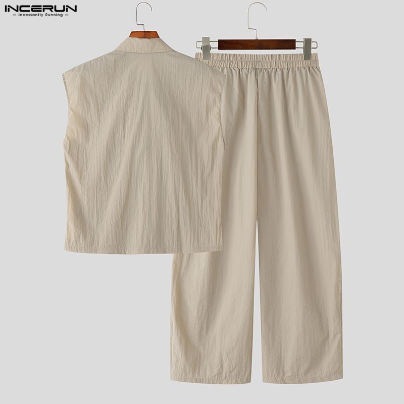 INCERUN Men's Solid Color Large Collar Drawstring Vest+Pants Set ...