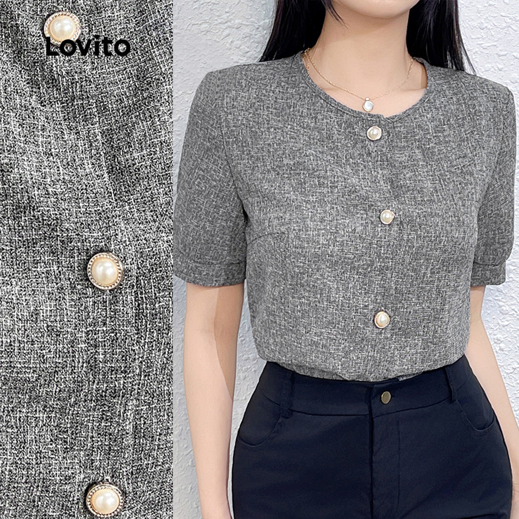 Lovito Boho Blouse Plain Button Front Summer/Spring Blouse for Women ...