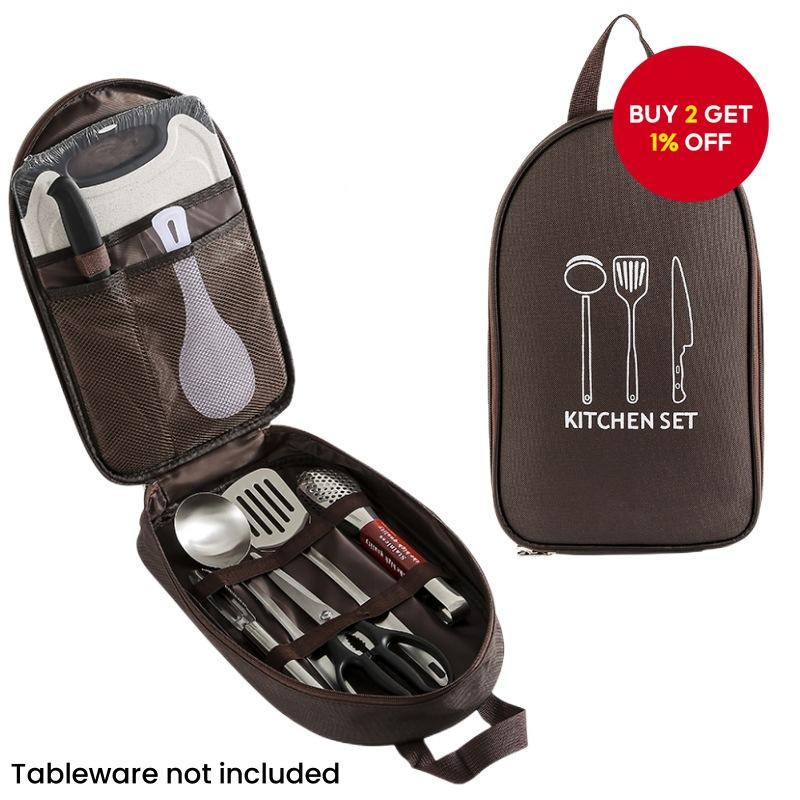 Eight-piece camping cookware set with storage bag for cooking, grilling ...