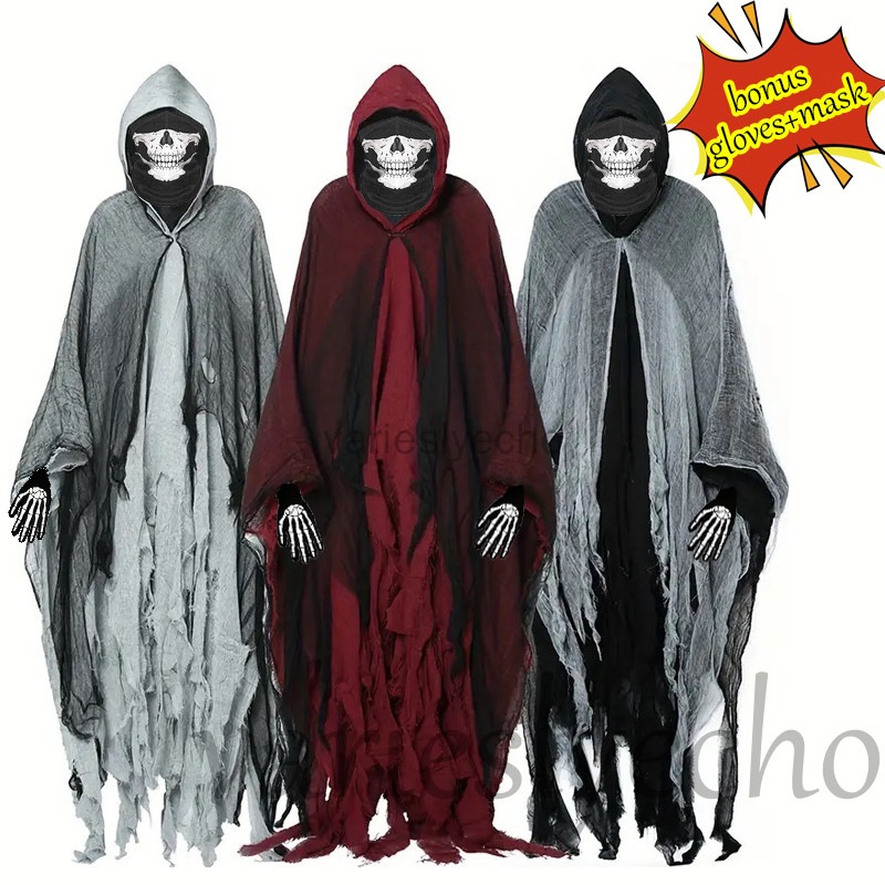 Grim Reaper Costume Halloween Horror Cloak with Hood for Men Vintage ...