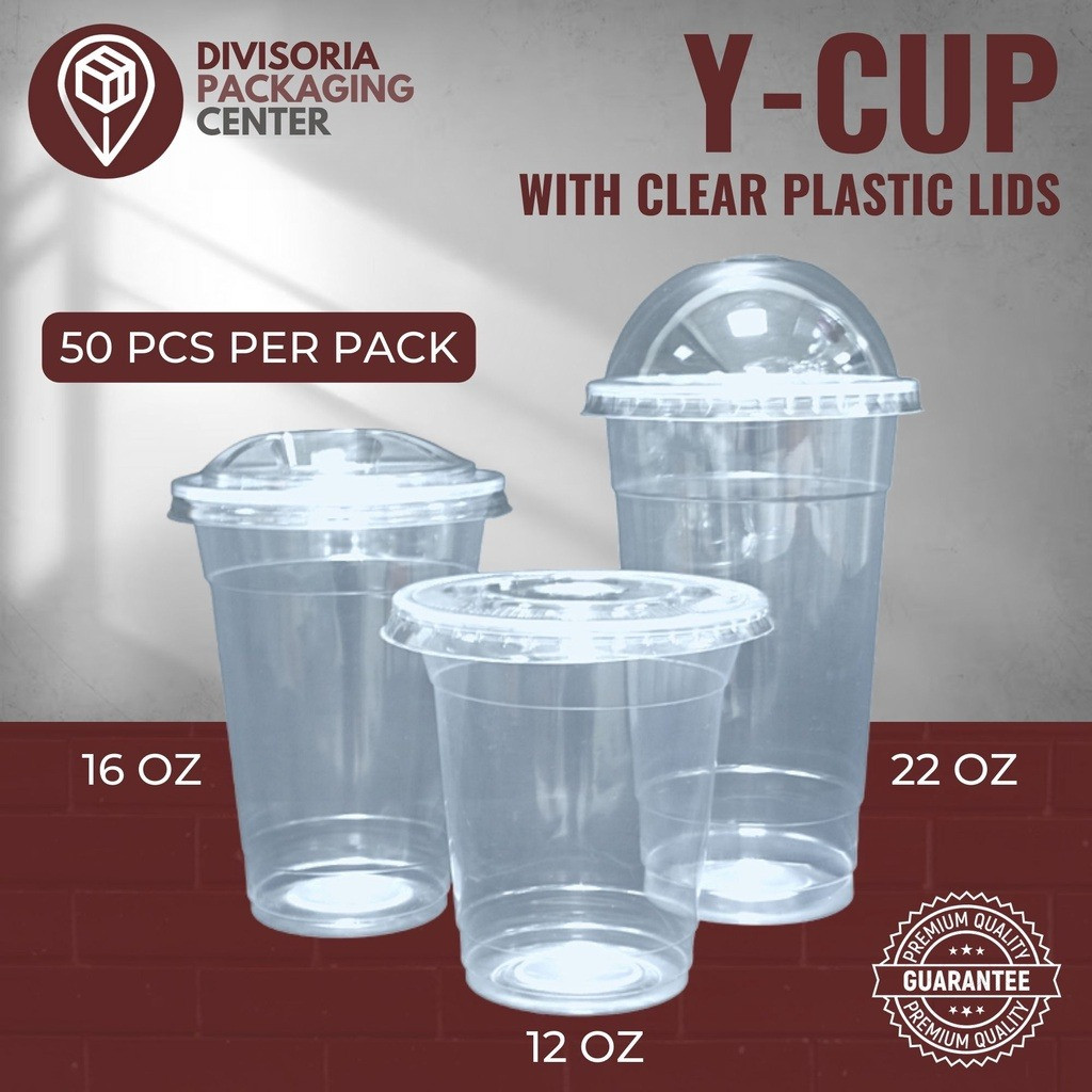 [50pcs] Plastic PP Flat Y Cup with Lid Set (8oz/12oz/16oz/22oz) for ...
