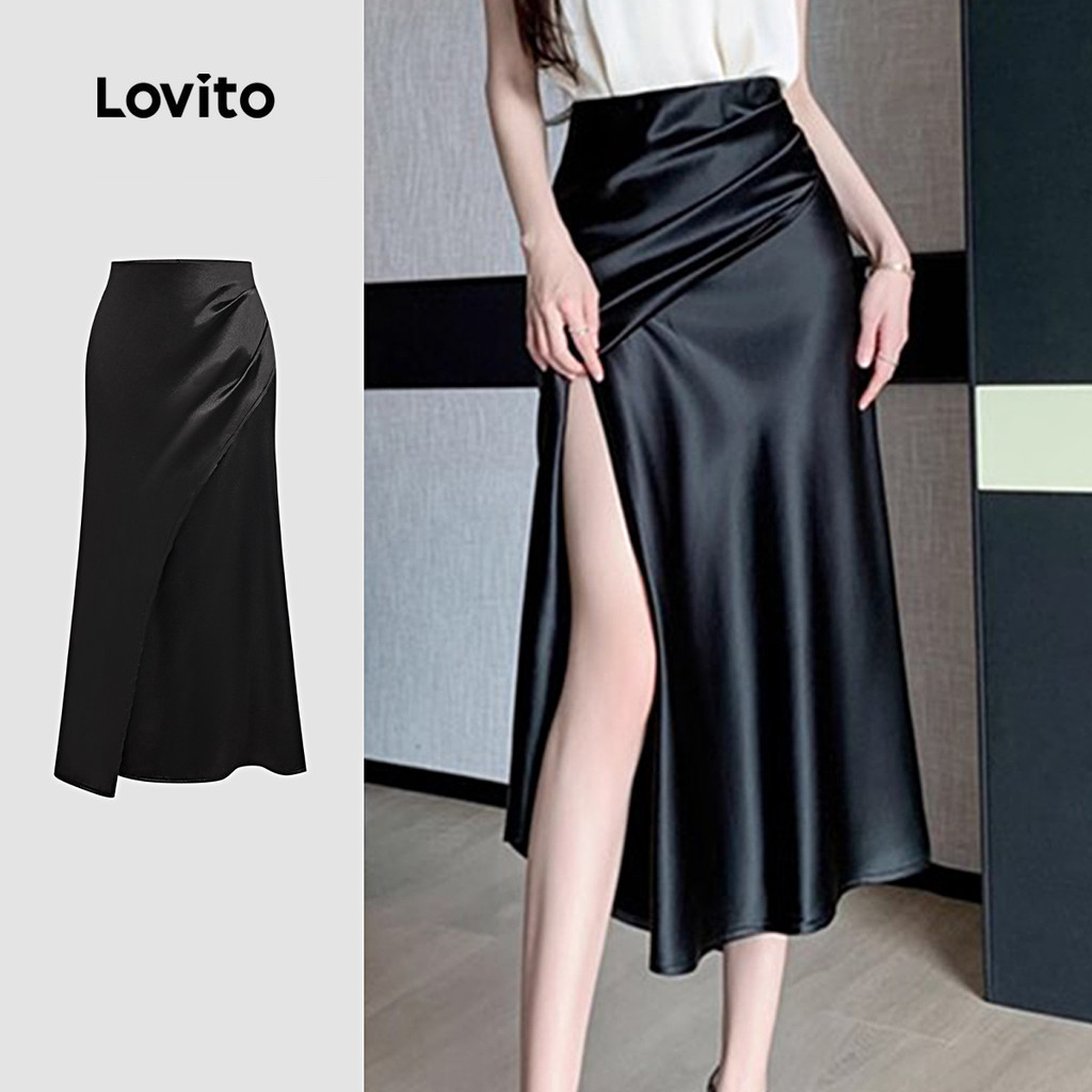 Lovito Women Elegant Skirts Wrap Split Front Pleated High Gloss Spring ...