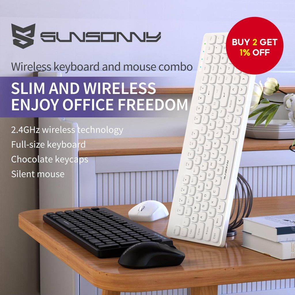 SUNSONNY Wireless Keyboard and Mouse Set Chocolate Silent Office Typing ...