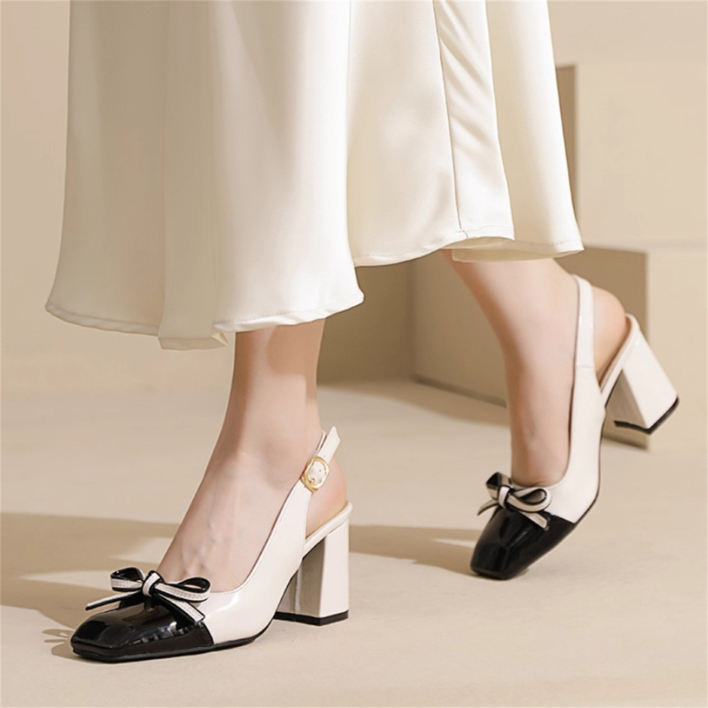 Korean Heels for Women Square Toe Ribbon With Adjustable Strap French ...