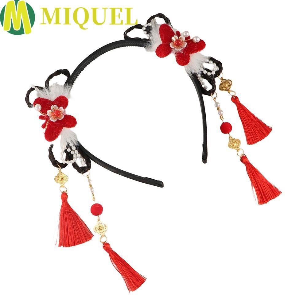 MIQUEL Flower Tassel Headband, Pearl Ancient Hanfu Wig Headband ...
