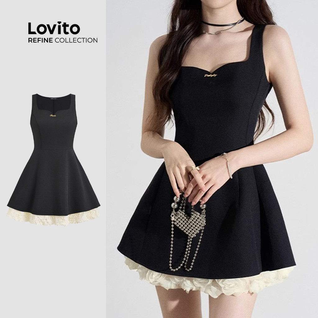 (Lovito Refine) Casual Dress Fake 2-in-1 Draped Spring/summer Black ...