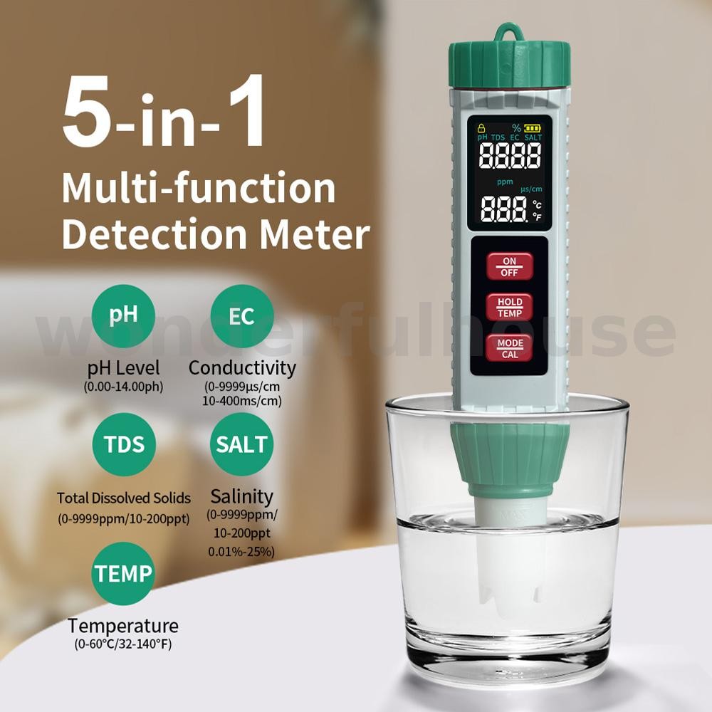 5-in-1 Water Quality Tester MF-X51 pH TDS Salinity EC Temperature Meter ...