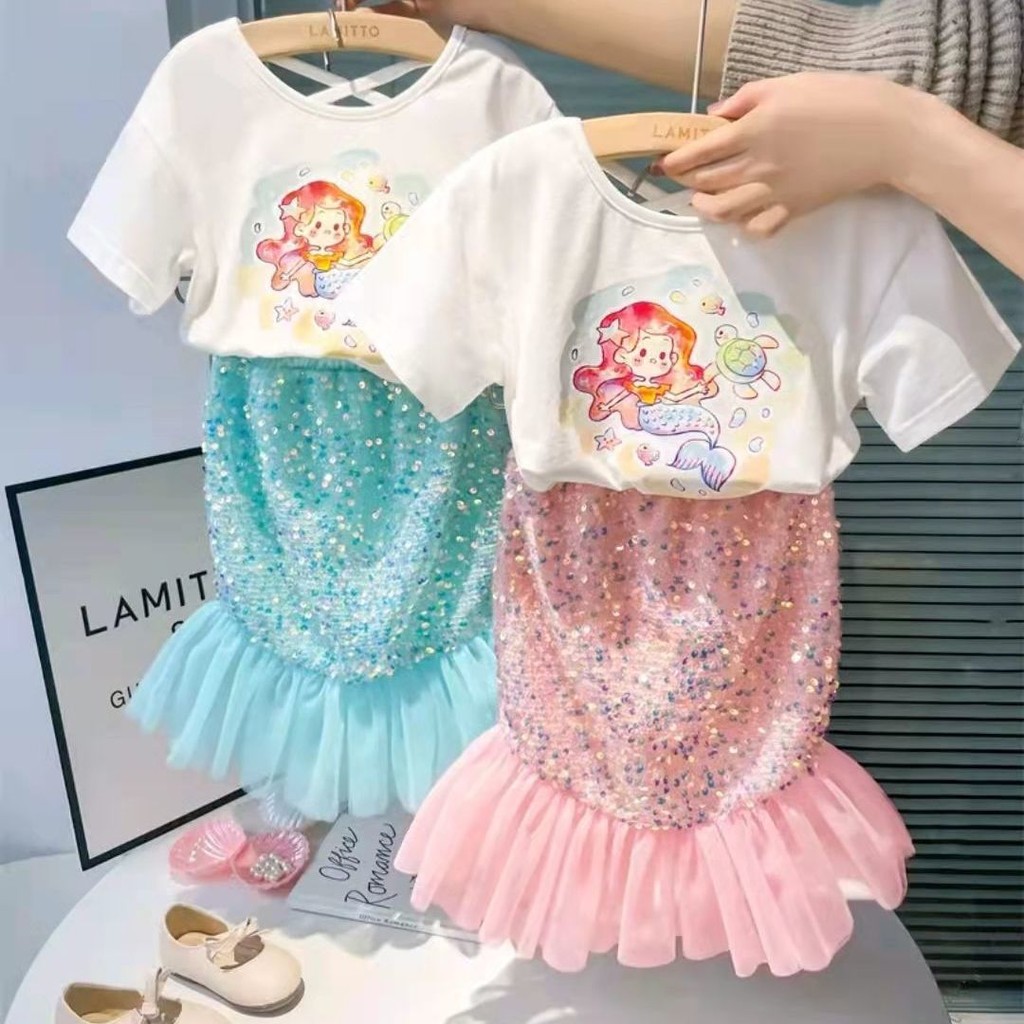 Girls Mermaid T-Shirt Skirt Summer Fishtail Skirt Baby Children ...