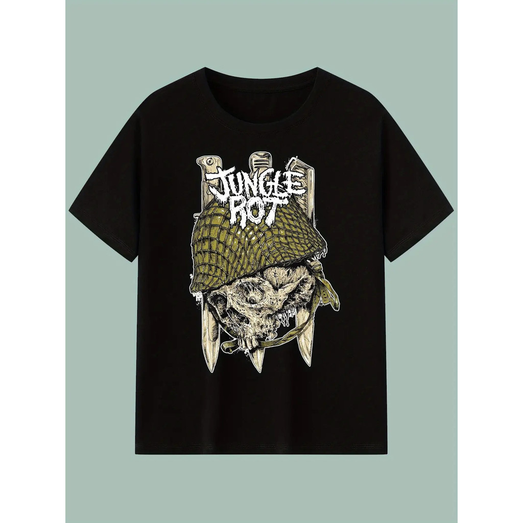 Jungle Rot Pattern Cotton T-Shirt Men'S Short Sleeves, Black with White ...