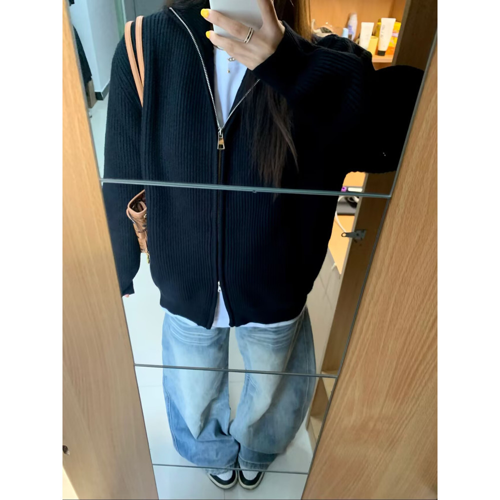 Oversize!Black Lapel Double Zipper Sweater Cardigan Women 2025 Autumn ...