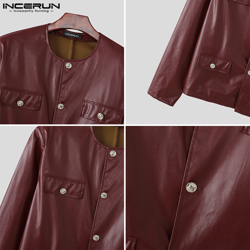 INCERUN Men Korean American Retro Crew Neck Long Sleeve PU Faux Leather ...