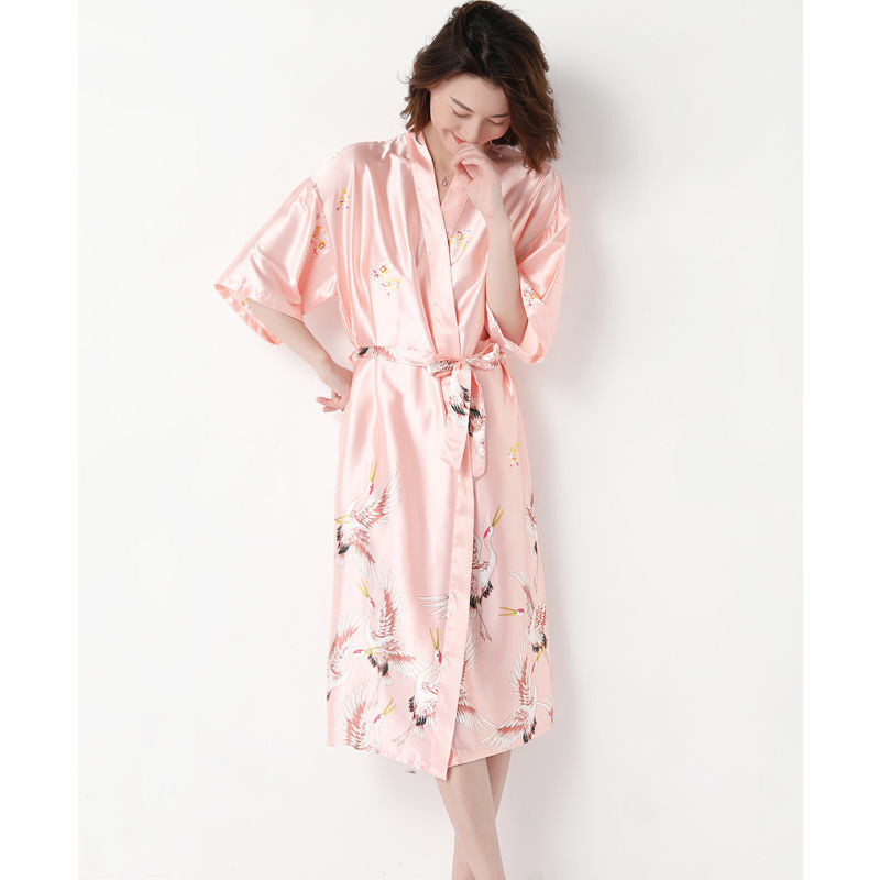 Crane Nightgown Spring Summer Bridal Dressing Robe Imitation Ice Silk ...