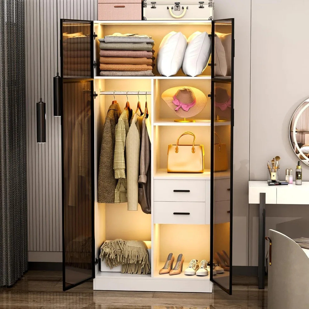 Armoire Wardrobe Closet With Lights, Bedroom Armoire With 2 Drawers ...