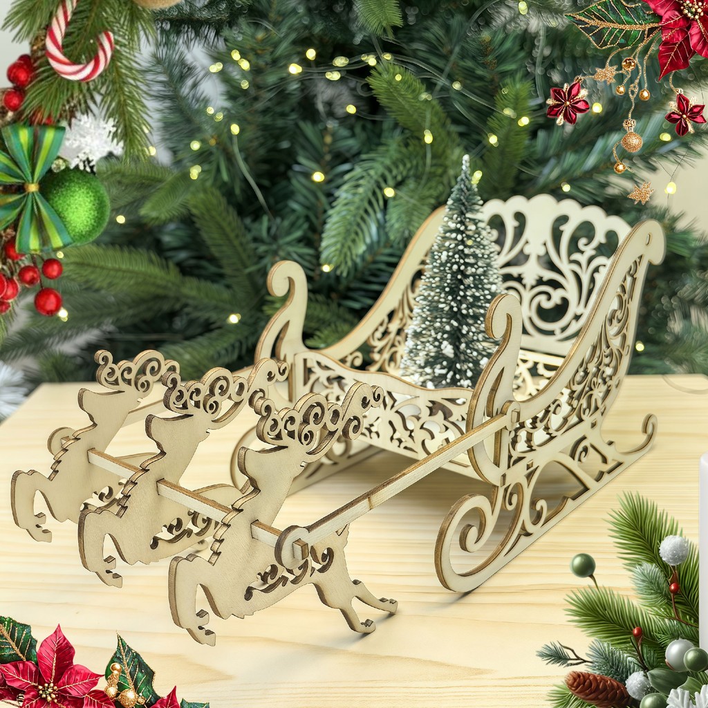 3D Wooden Christmas Sleigh with Reindeer - Intricate Carved DIY Craft ...