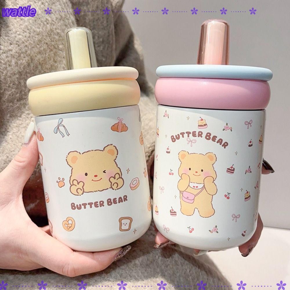 WATTLE Butter Bear Cup, Cartoon 500ml Vacuum Straw Cup, Stainless Steel ...
