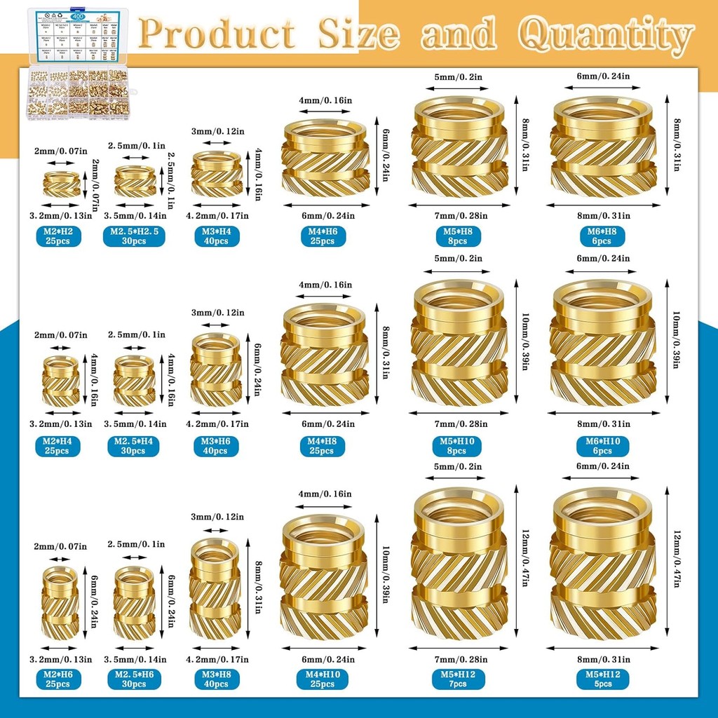 400Pcs Threaded Inserts Heat Set Insert M2 M2.5 M3 M4 M5 M6 Metric ...