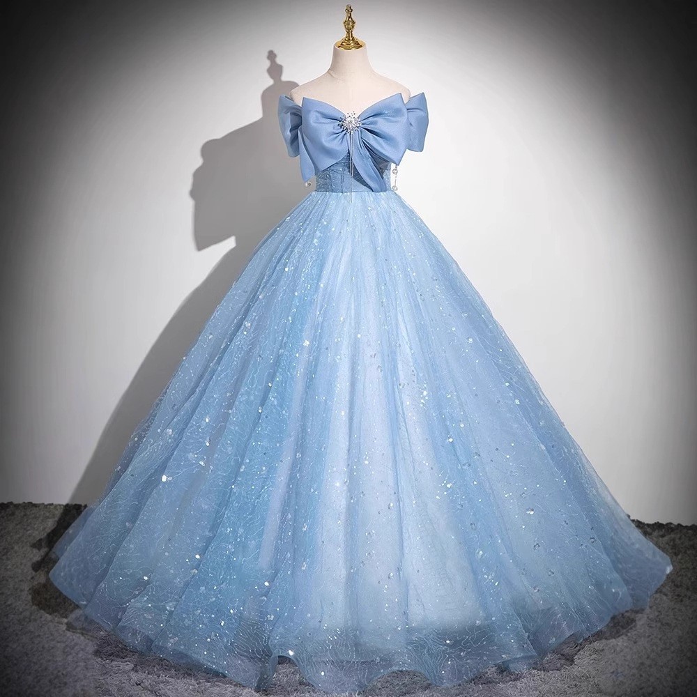 Off-shoulder Blue Evening Dress Fairy Temperament Bow Decor Starry Sky ...