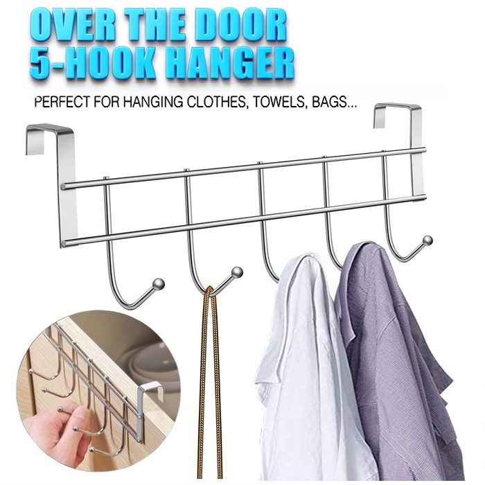 Stainless Steel Over-the-Door Hook Rack – 5 Hooks for Clothes, Towels ...