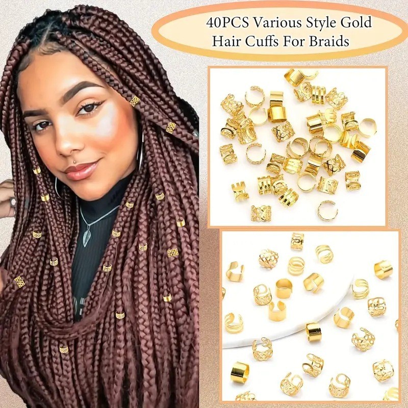40pcs Metal Braids Hair Clip Hair Rings Braided Women's Fashion Gold ...