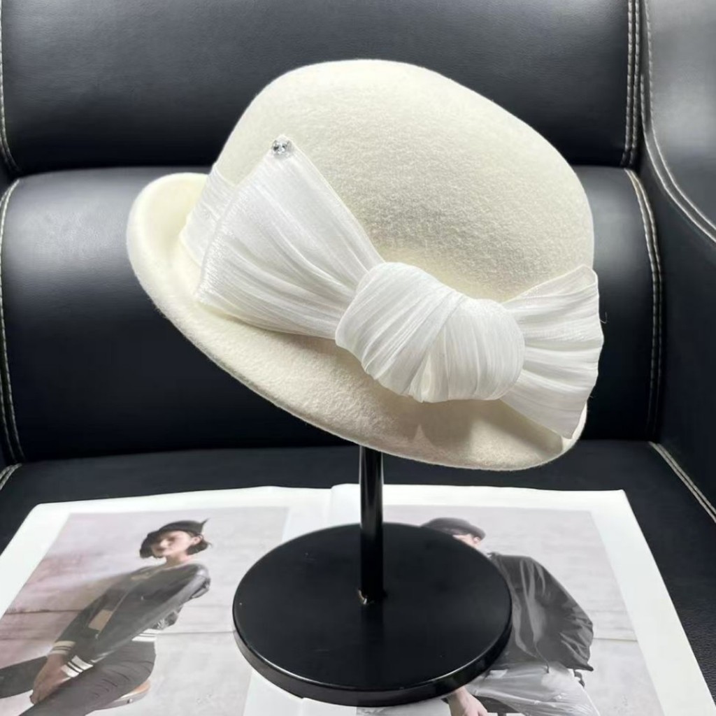 9.19 Hepburn French Wool Short-Brimmed Curling Top Hat White Beret ...