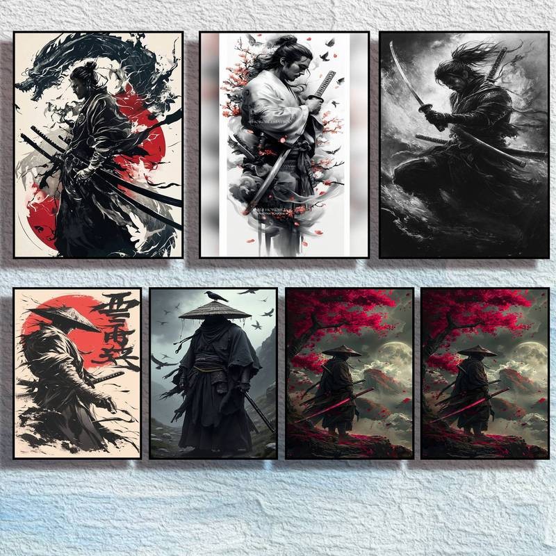 Feudal Samurai Canvas Painting ArmorClad Warrior Katana Traditional ...