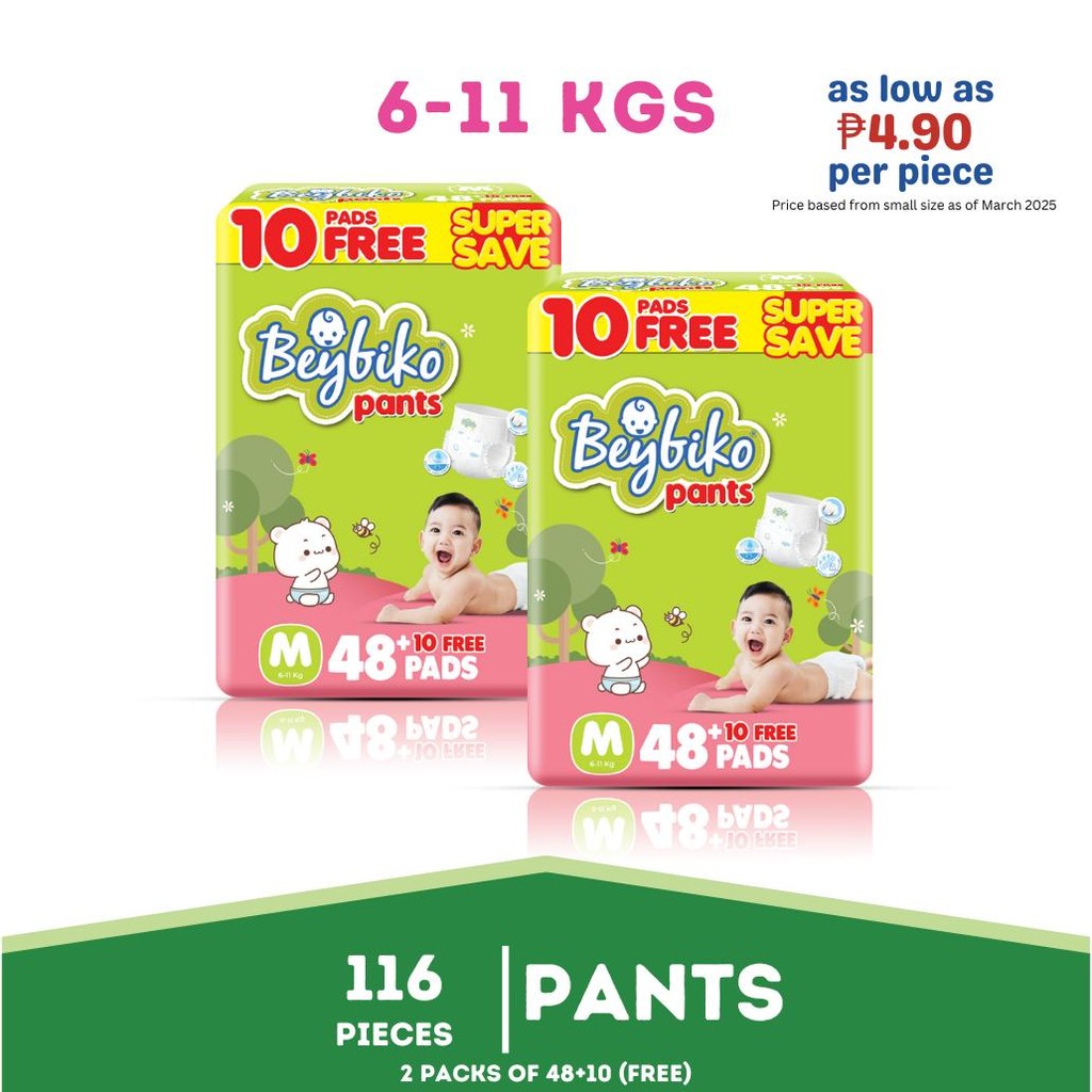 Beybiko Diaper Pants M (6-11KG) 116 PCS (48+10 FREE PADS x 2 packs ...
