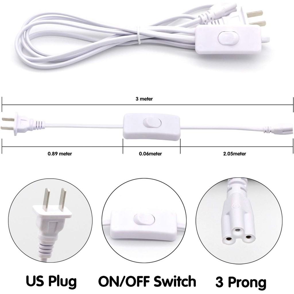 10FT 3 Meter T5 T8 LED Tube Light Power Extension Cord with On/Off ...