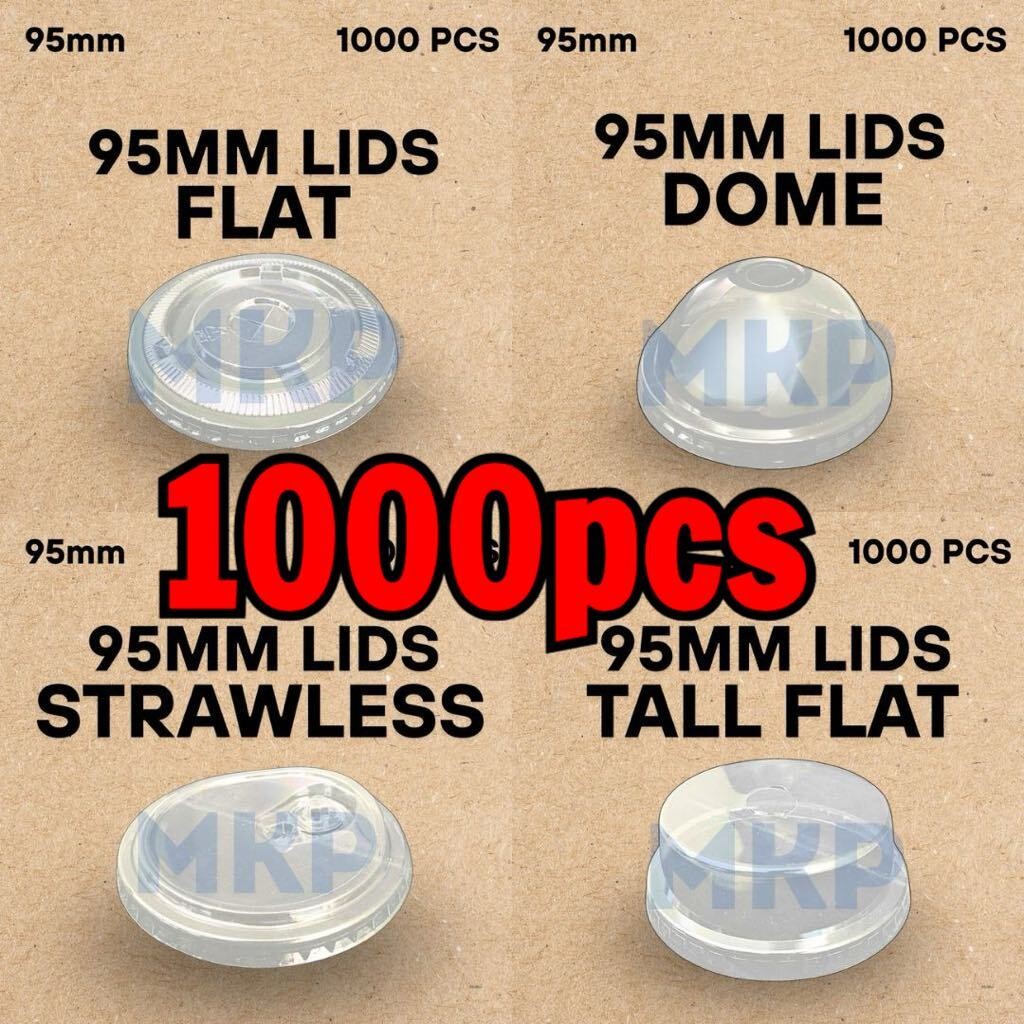 (1000pcs) PET (95mm) FLAT/DOME/STRAWLESS/TALL FLAT Lid 1 BOX Disposable ...