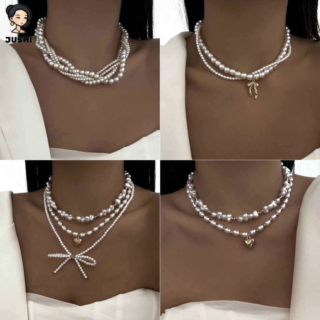 JUSHI Elegant Bow Multi Layer Pearl Choker Necklace for Women Kawaii ...