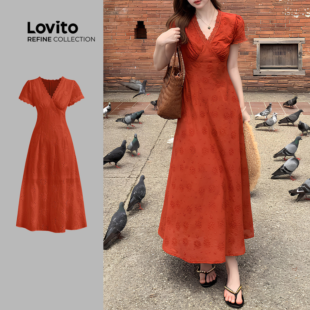 (Lovito Refine) Women Refine Elegant Dress Zipper Ruffle Neck Double Layer Spring/summer Orange ...