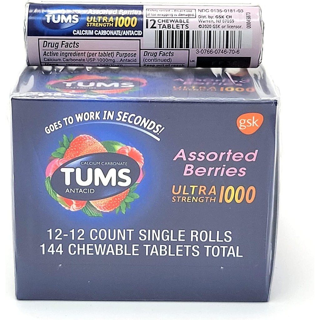 TUMS Antacid Chewable Tablets Ultra Strength, Assorted Berries (12 pk ...