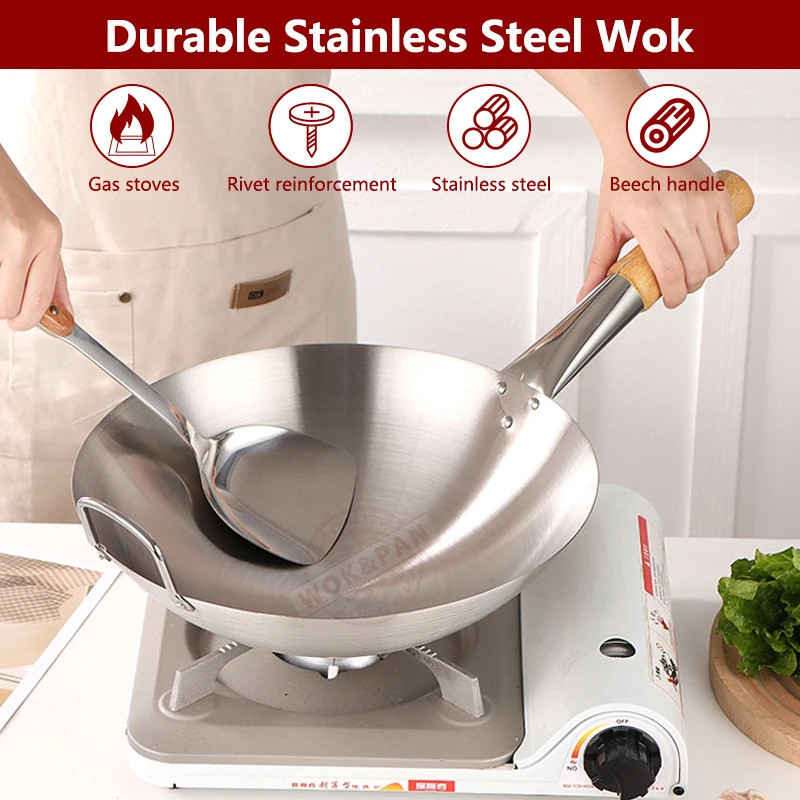 Durable Stainless Stee Wok - Brushed Polish,Beech Wood Handle,Gas Stove ...