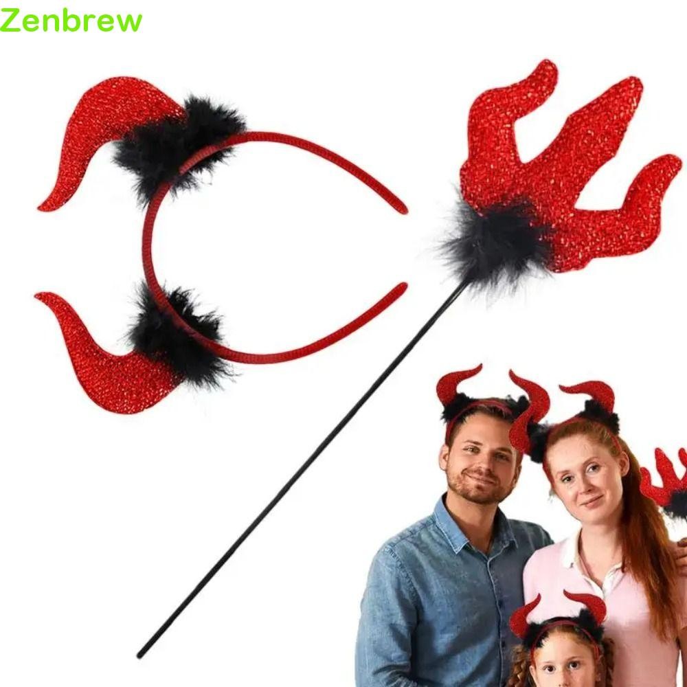 ZENBREW Halloween Devil Costume Set, Hair Hoop Bull horn Red Cane Dress ...