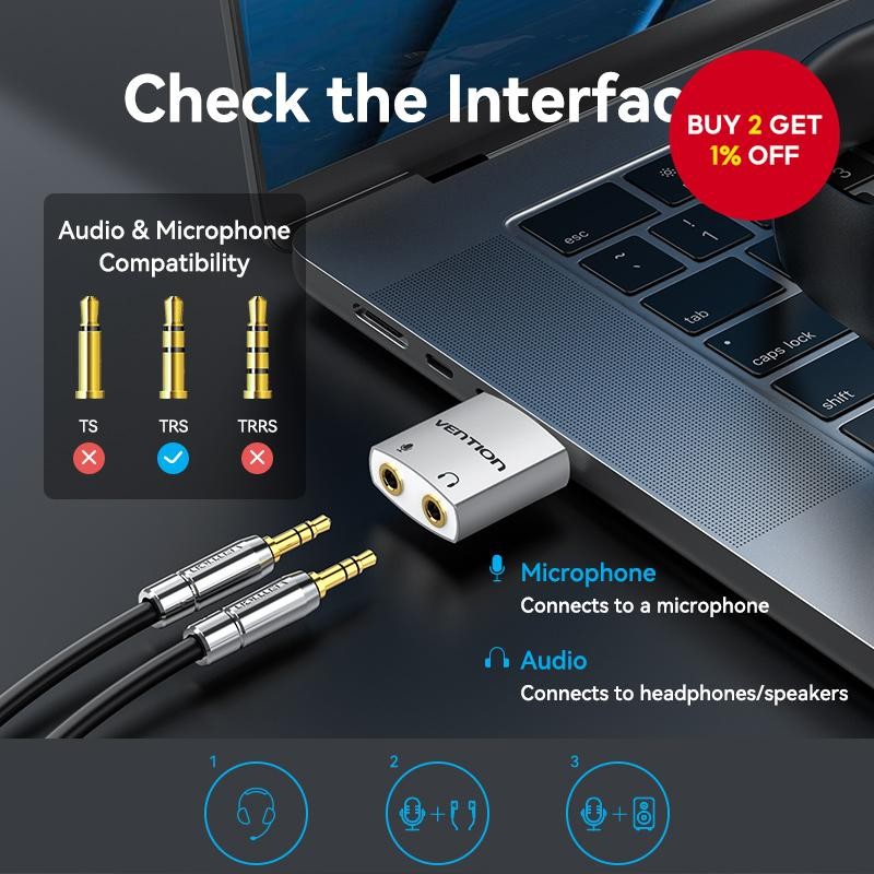 New Vention 3.5mm Stereo Audio Splitter with Earphone/Mic Adapter for ...
