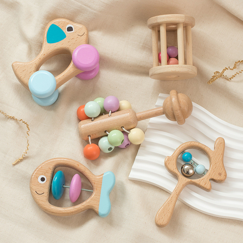 Wooden Baby Colorful Hand Rattle Five Sets Children's Bed Bell Music ...