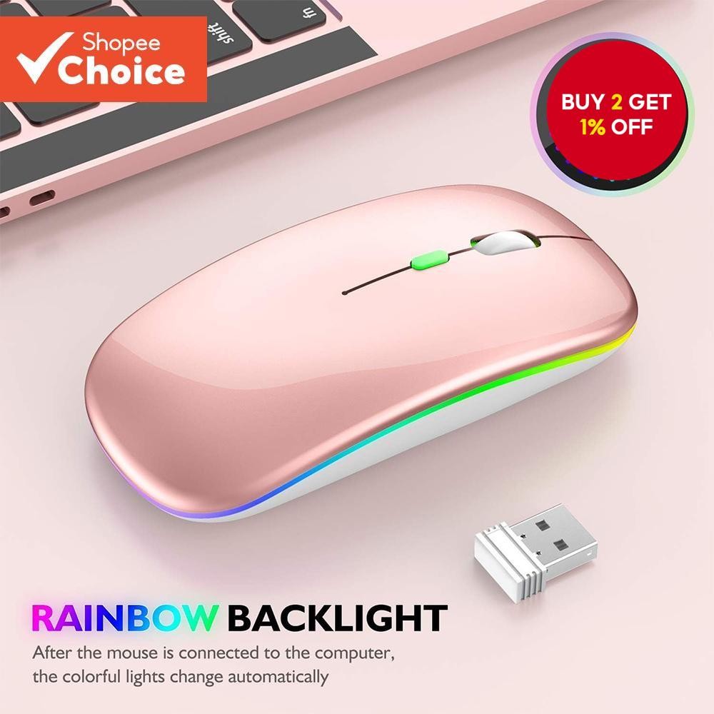 Rechargeable Wireless Mouse Slim LED Light 2.4GHz Bluetooth 5.2 Silent ...