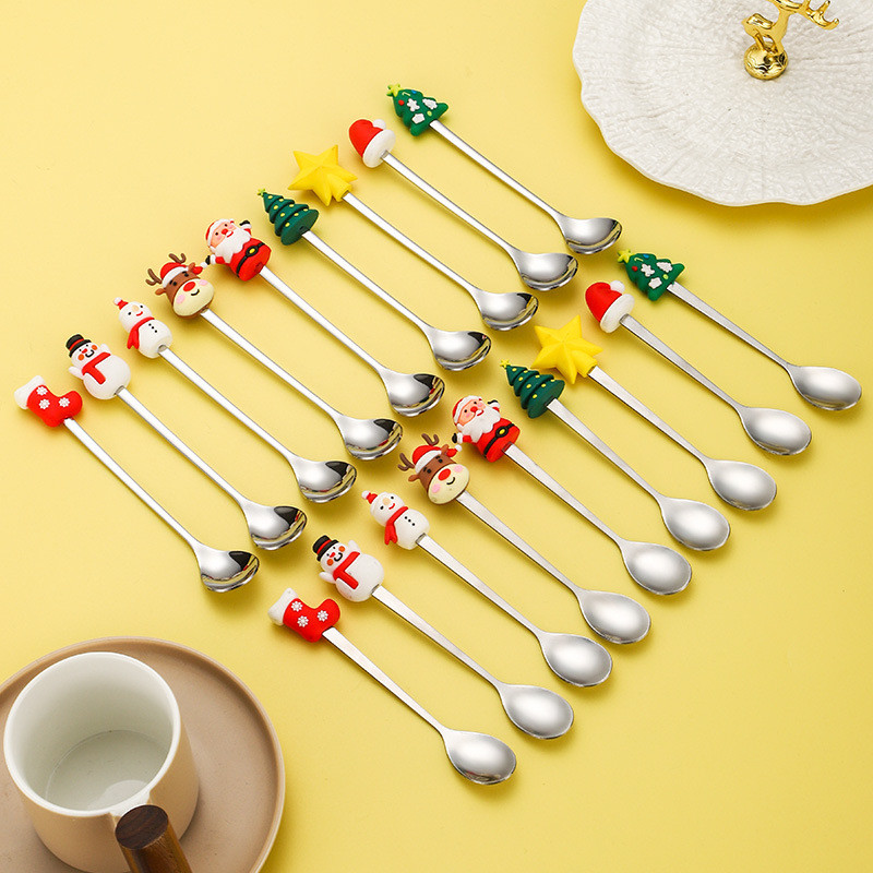 Christmas Stainless Steel Spoon Dessert Doll Coffee Stir Spoon Gift Set ...