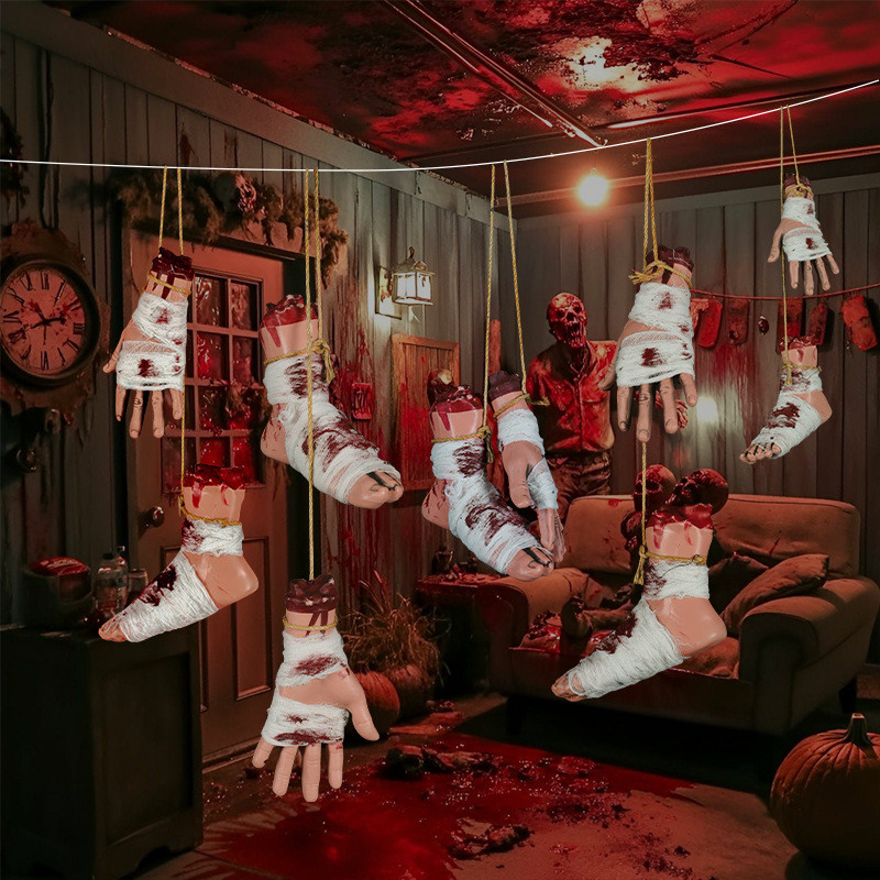 Halloween Bloody Fake Hanging Gauze Hands and Feet Haunted House Party ...