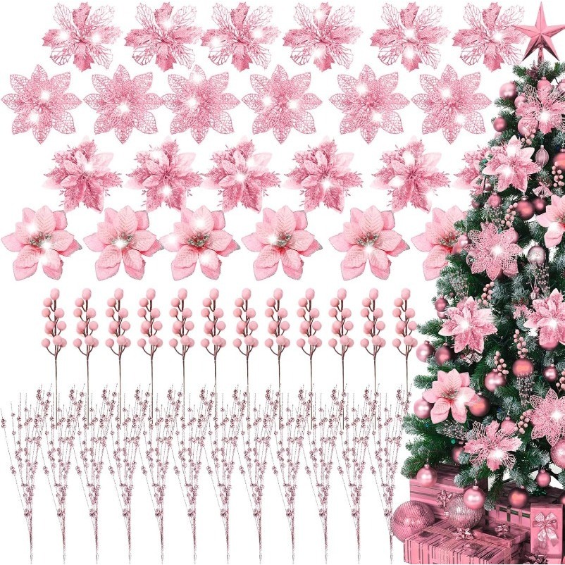 Pink Christmas Tree Decorations Christmas Glitter Poinsettia Artificial ...